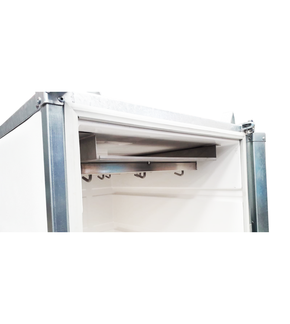 Rack with hooks for hanging meat.