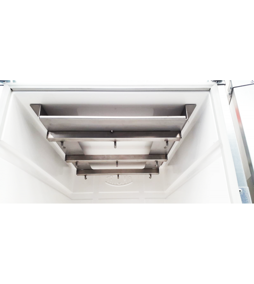 Rack with hooks for hanging meat.