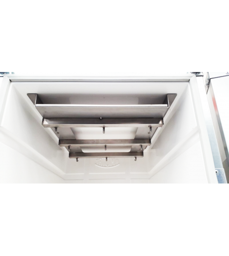 Rack with hooks for hanging meat.